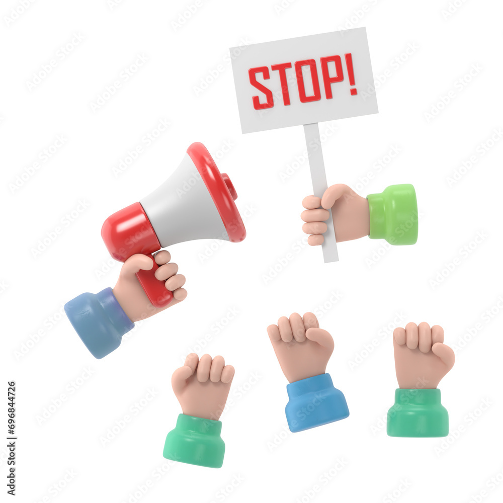 Cartoon hands of demonstrants and hand with Megaphone and stop sign ...