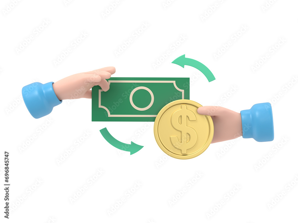 3D coin exchange via banknote. holding money in business hand concept ...