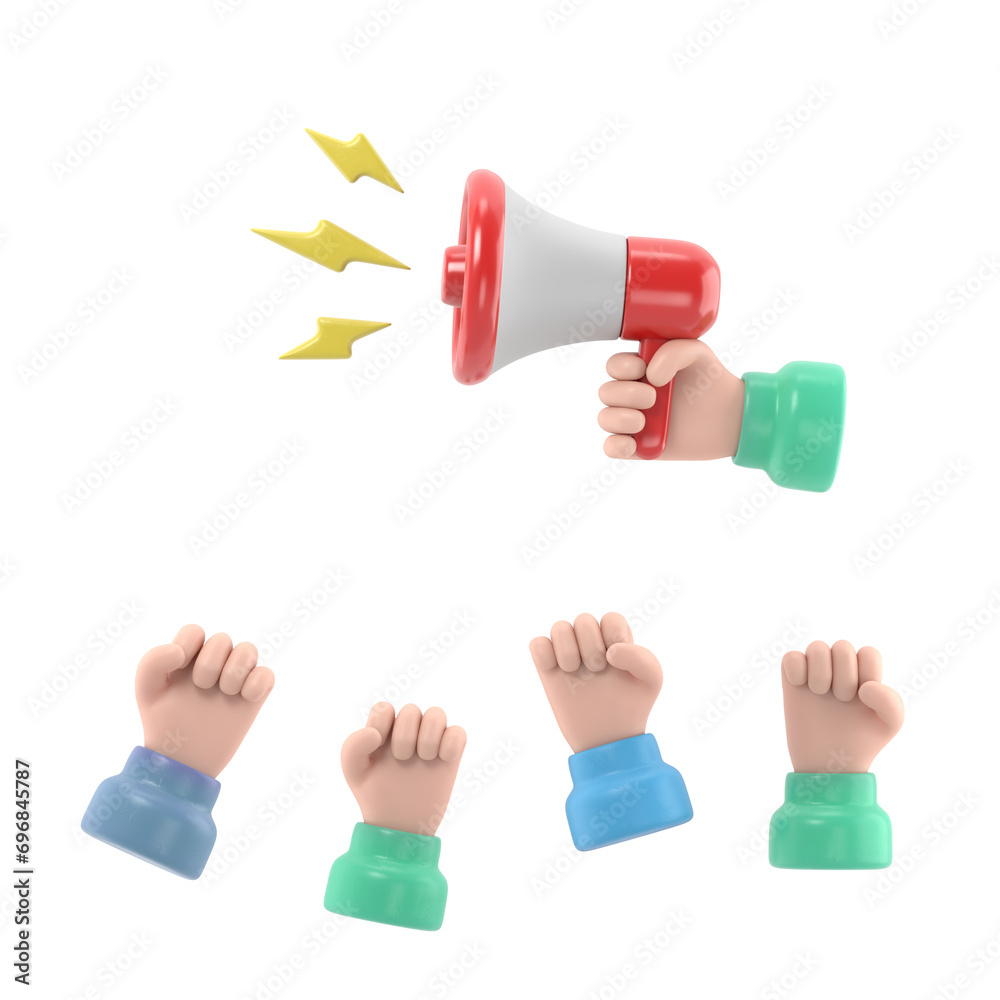 Cartoon hands of demonstrants and hand with Megaphone,protest concept ...