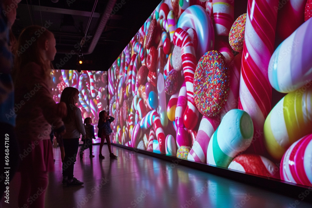 oversized candy visuals on the screen, creating a cinematic photo that ...