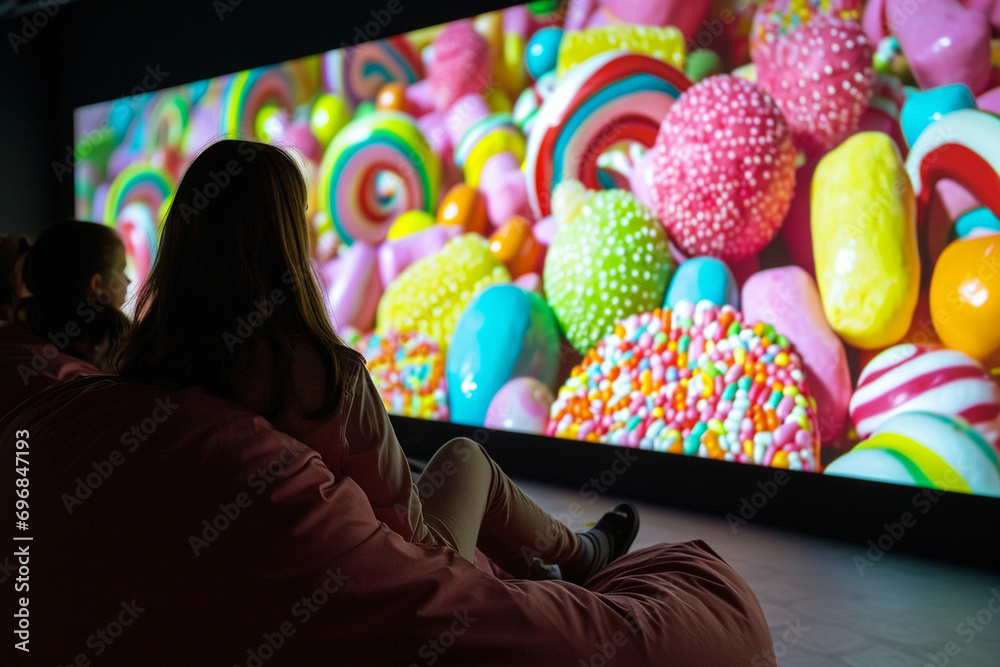 oversized candy visuals on the screen, creating a cinematic photo that ...