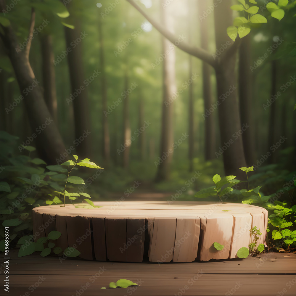 wooden stage for product display mockup with forest background ai ...