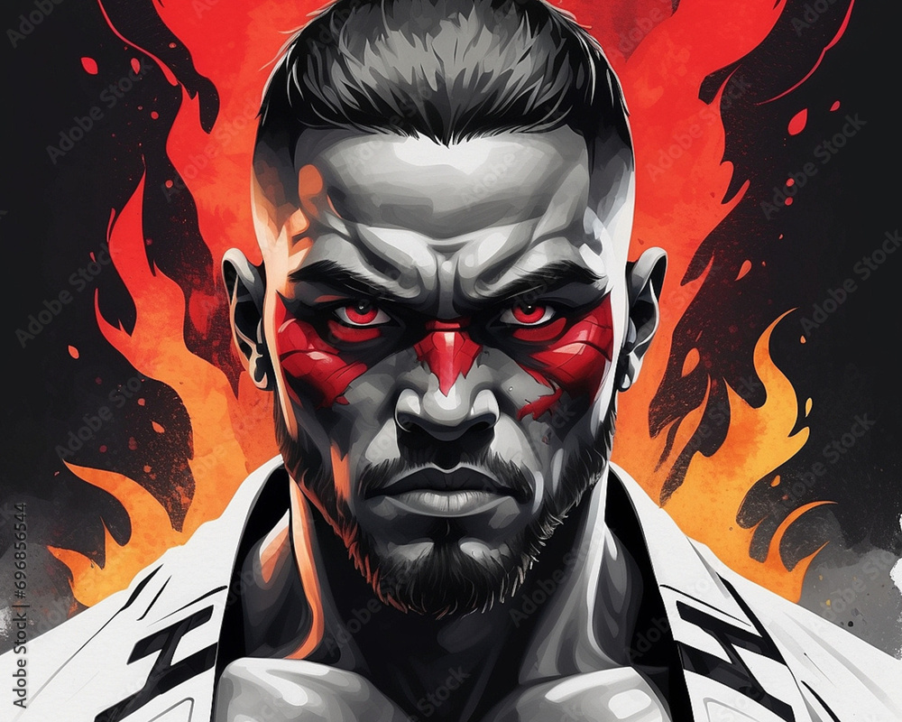 Logo-style portrayal of a martial artist with a fierce and penetrating ...