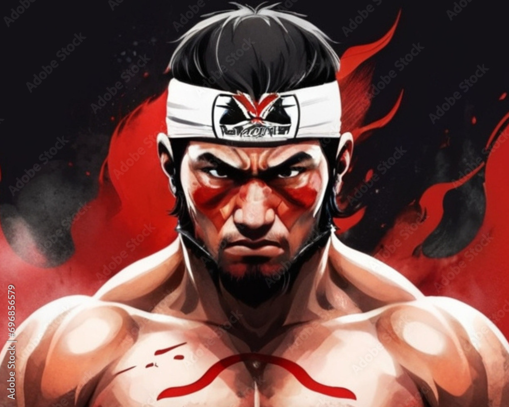 Logo-style portrayal of a martial artist with a fierce and penetrating ...