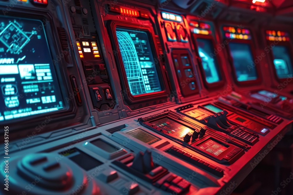 Detailed View Of The Spaceships Control Panel Showcases Glowing Buttons ...