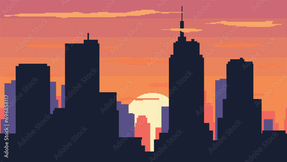 Cityscape with sunrise pixel art background. High buildings silhouette with sun and clouds. 2d ...