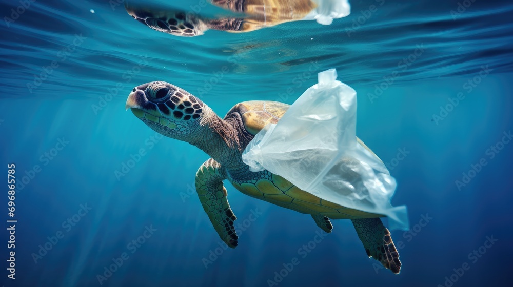 Plastic pollution in ocean problem. Sea Turtle eats plastic bag,A ...