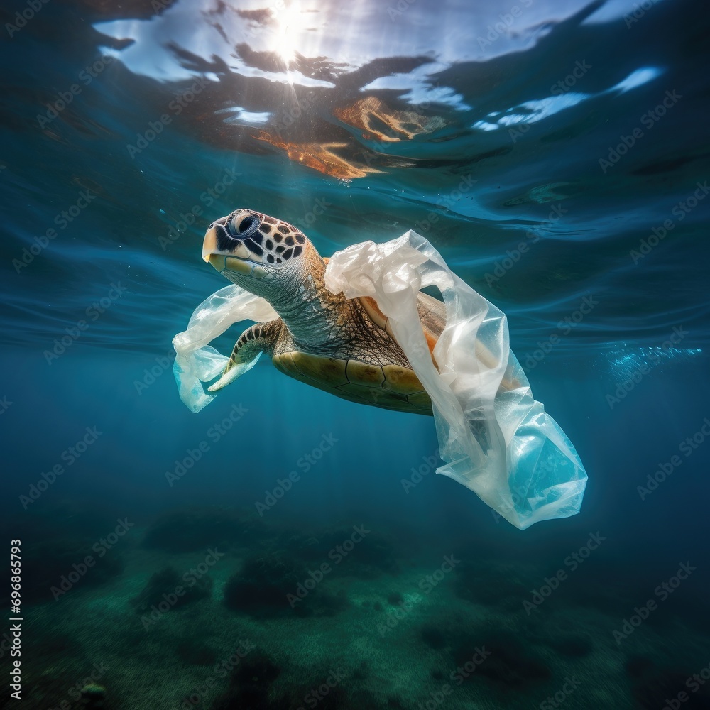Plastic pollution in ocean problem. Sea Turtle eats plastic bag,A ...