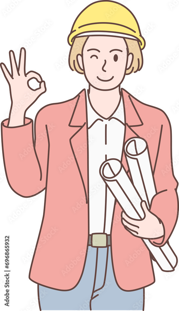 Architech engineer woman character holding blueprint and pose OK signs ... Architech engineer woman character holding blueprint and pose OK signs ...