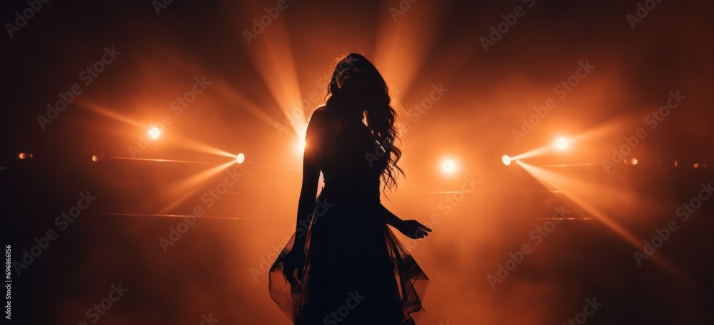 Beautiful female singer silhouette sings on stage in light show ...