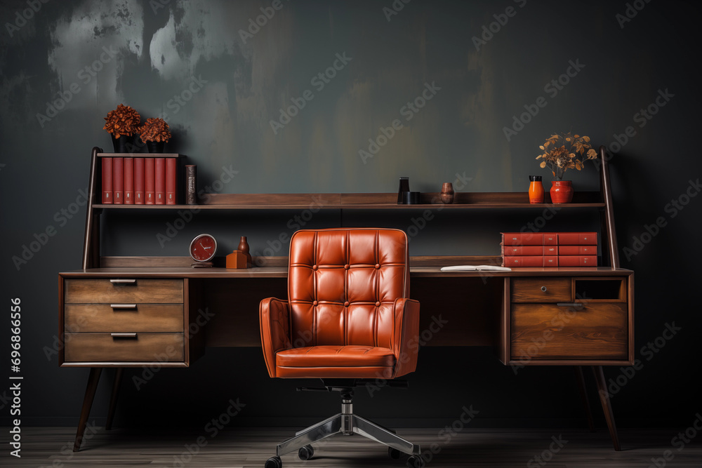 neatly arranged desk with a simple chair, utilizing negative space and ...