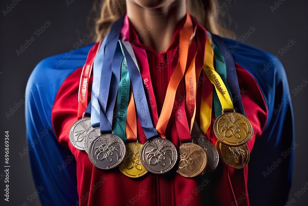 Sportswoman with gold, silver and bronze medals with ribbons around her ...