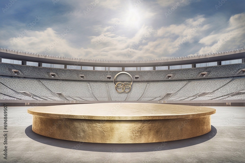 A round golden podium in the center of a large football stadium under a ...