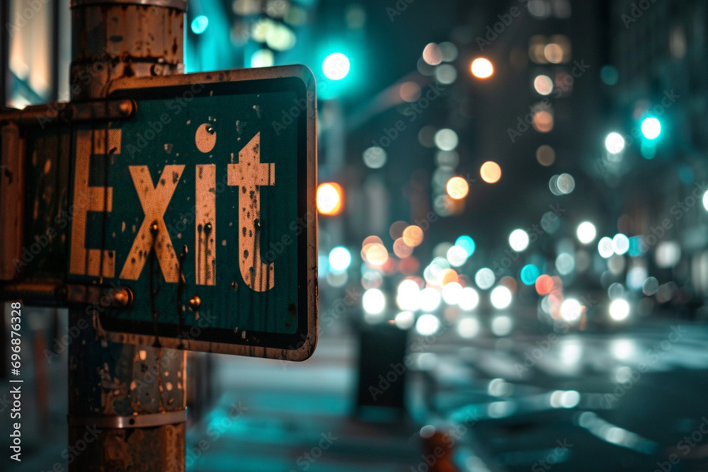 "Exit" sign in an urban setting, surrounded by city lights and ...