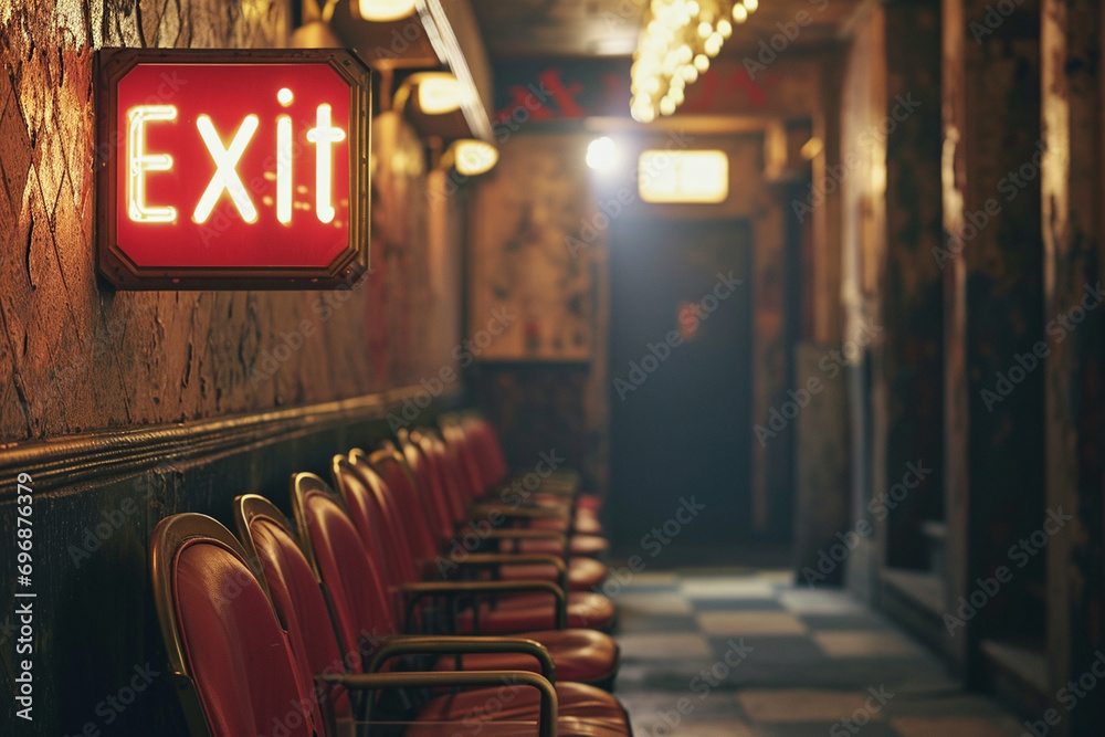 "Exit" sign in a vintage cinema environment, complete with retro ...