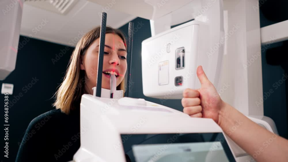 portrait of a beautiful woman doing a 3D scan of the nose and oral ...