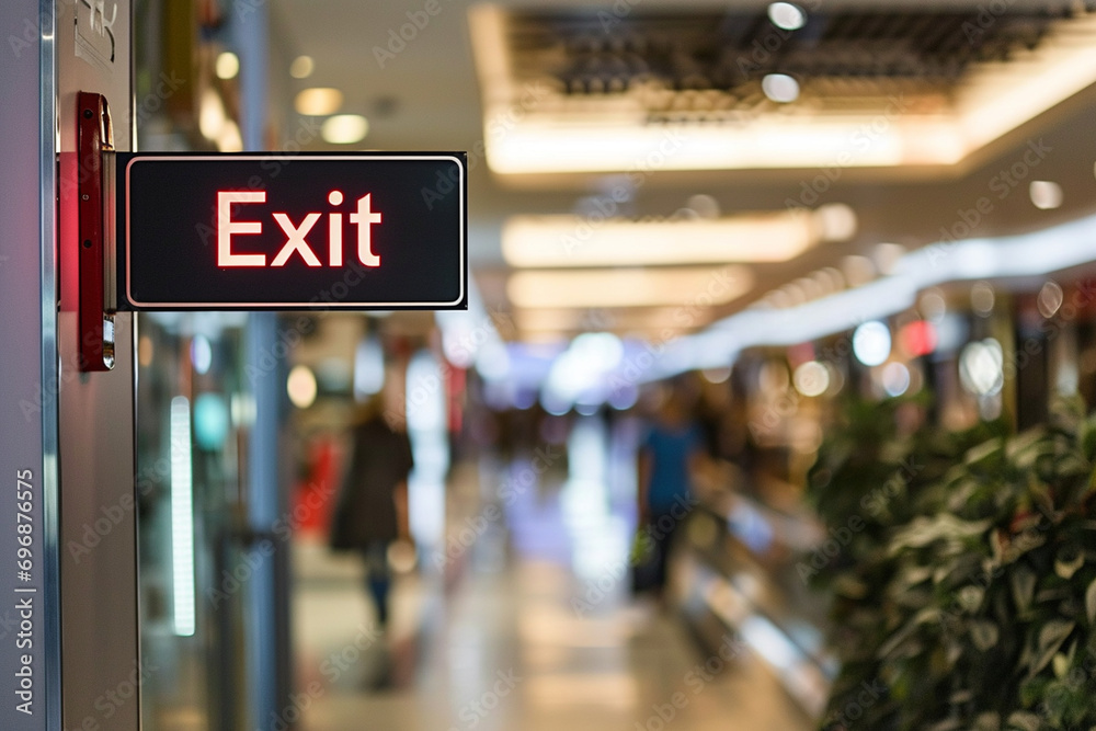 "Exit" sign in a bustling shopping mall, emphasizing the blend of ...