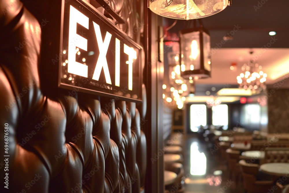 "Exit" sign in a stylish hotel lobby, playing with the luxurious and ...