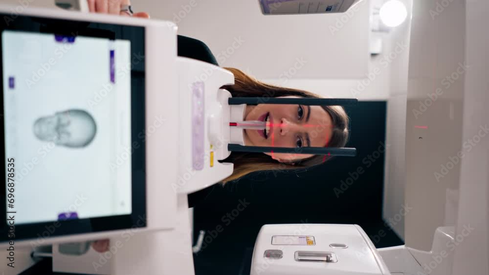vertical video portrait of a beautiful woman doing a 3D scan of the ...