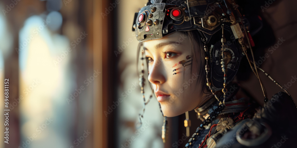 side profile of an Asian woman with cybernetic headgear and intricate ...