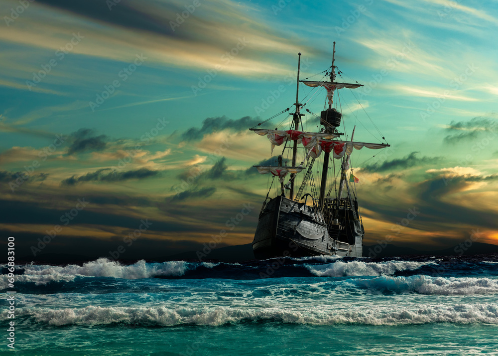 Grand view of an old sailing ship from the times of pirates and the ...