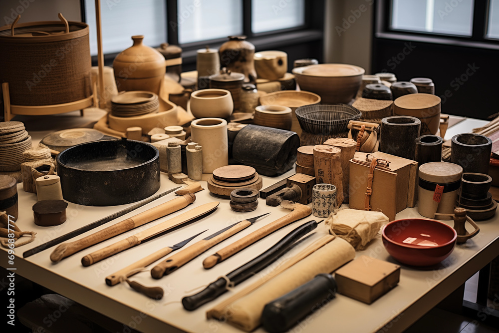 Traditional sushi-making tools and utensils, leaving space for a brief ...