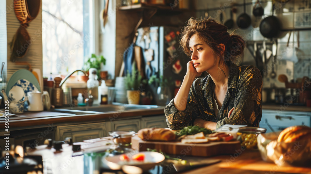 Struggling with ADHD - Tired woman in a busy and unorganized kitchen ...
