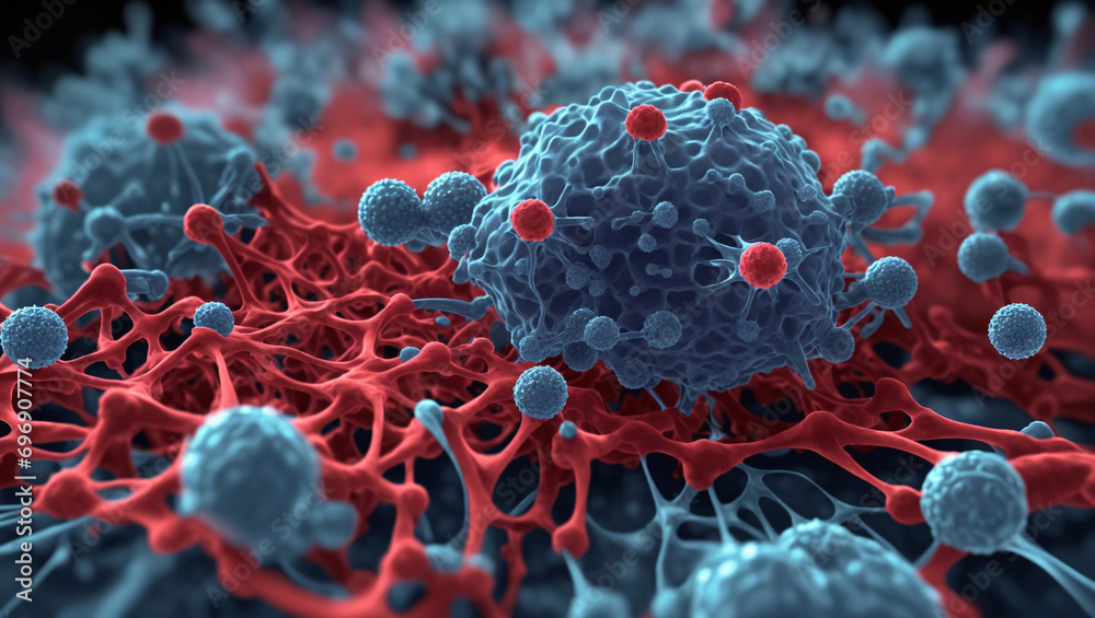 Collage of abstract influenza virus cells under a microscope. Illustration of viral cells or ...