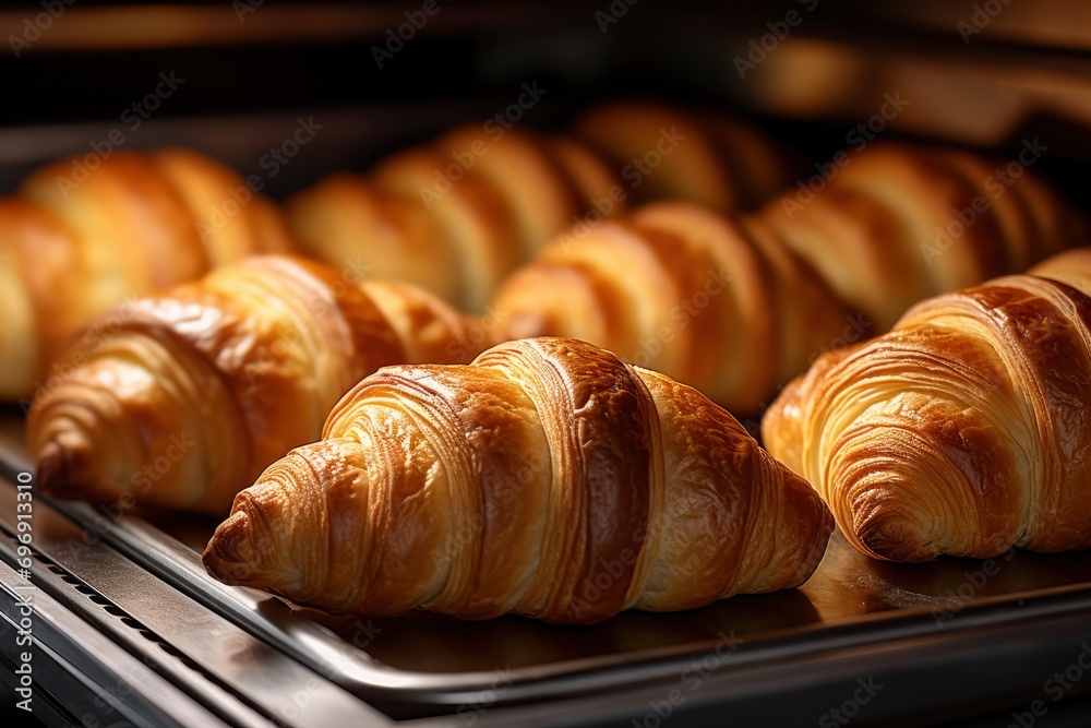 Fresh crispy golden croissants lie on a baking sheet close-up. Sweet ...