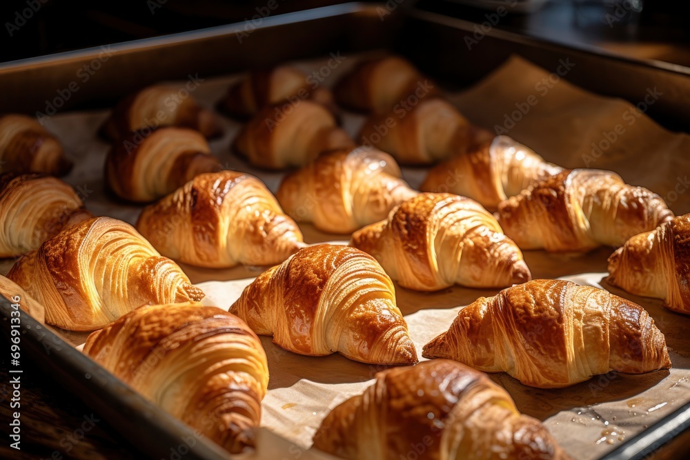 Fresh crispy golden croissants lie on a baking sheet close-up. Sweet ...