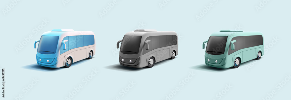 3d realistic bus render illustration set in different colors, modern ...