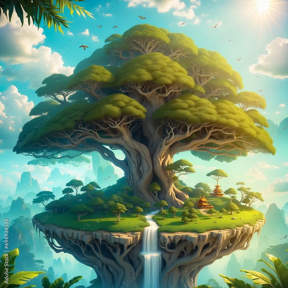 Fantasy style giant tree growing on the top of fairytale floating ...
