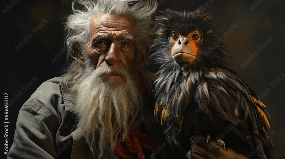 Old man with white hair and beard sitting between Monkeys and Birds ...