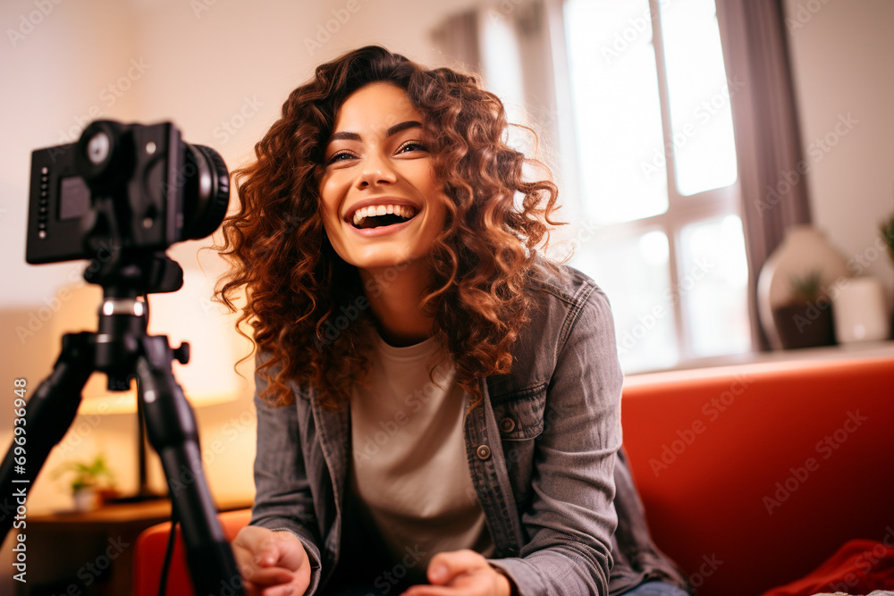 Foto de Young latin Generation Z extrovert Woman Setting the Camera and ...