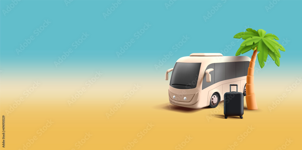 Summer bus tour 3d render illustration with bus, palm and black ...