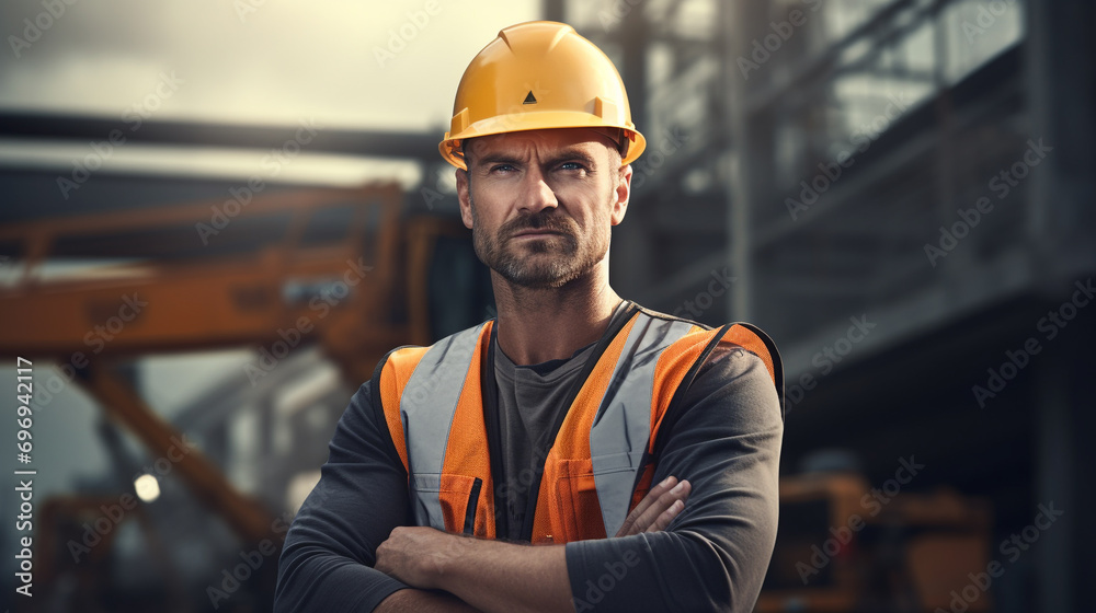 Builder with excavator for construction at the construction site ...