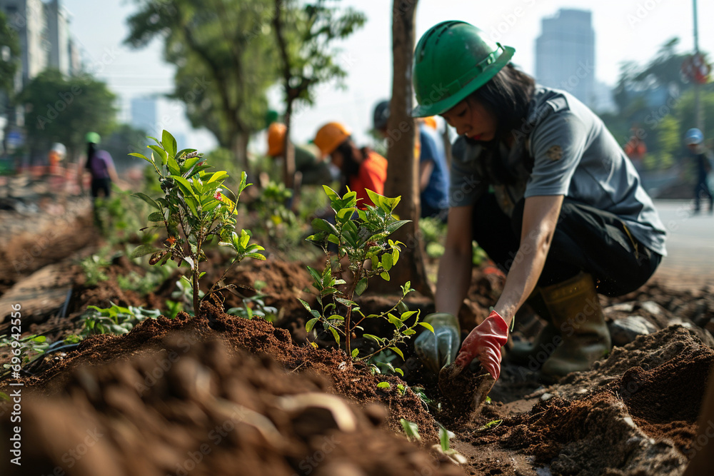 trees being planted in urban spaces, promoting the concept of green ...