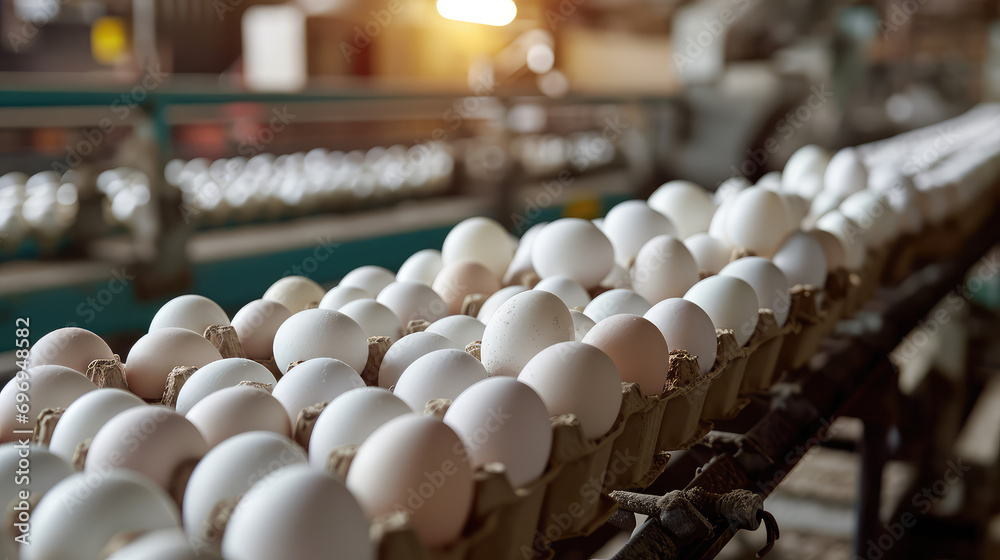 The process of sorting and packing white eggs into cardboard containers ...