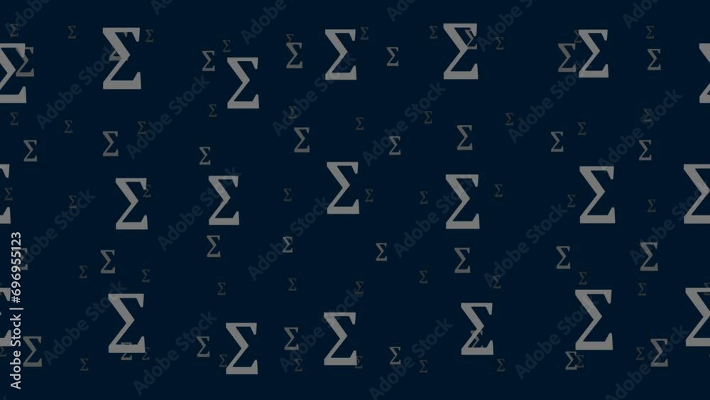 Sigma symbols float horizontally from left to right. Parallax fly effect. Floating symbols are ...