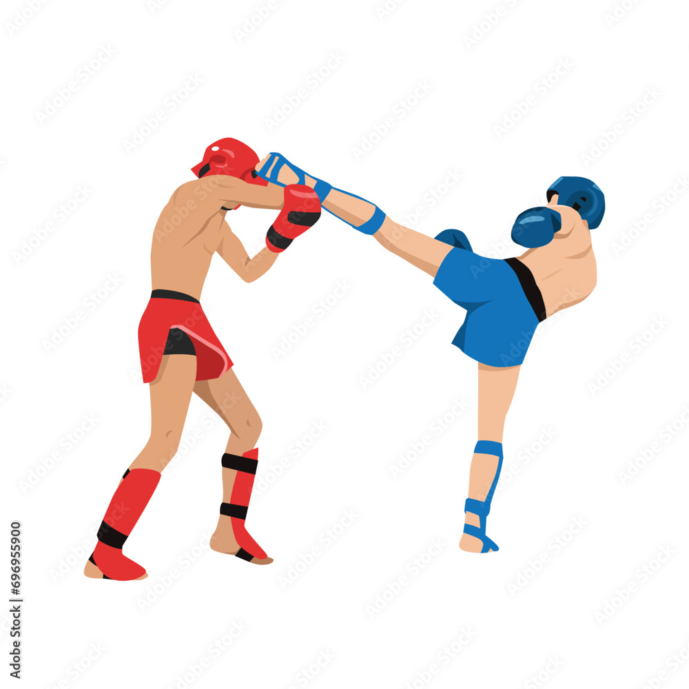 Kickboxing fight, martial art. Kick boxing fighters. Combat sport match. Boxers wrestling ...