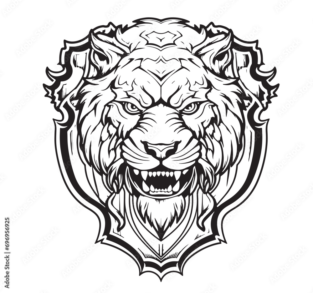 roaring tiger head in simple heraldic shield - black and white vector ...