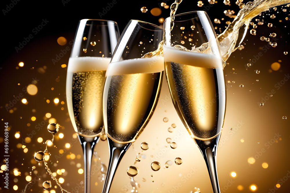 Champagne liquid dynamically pouring around a glass of champagne, gold ...