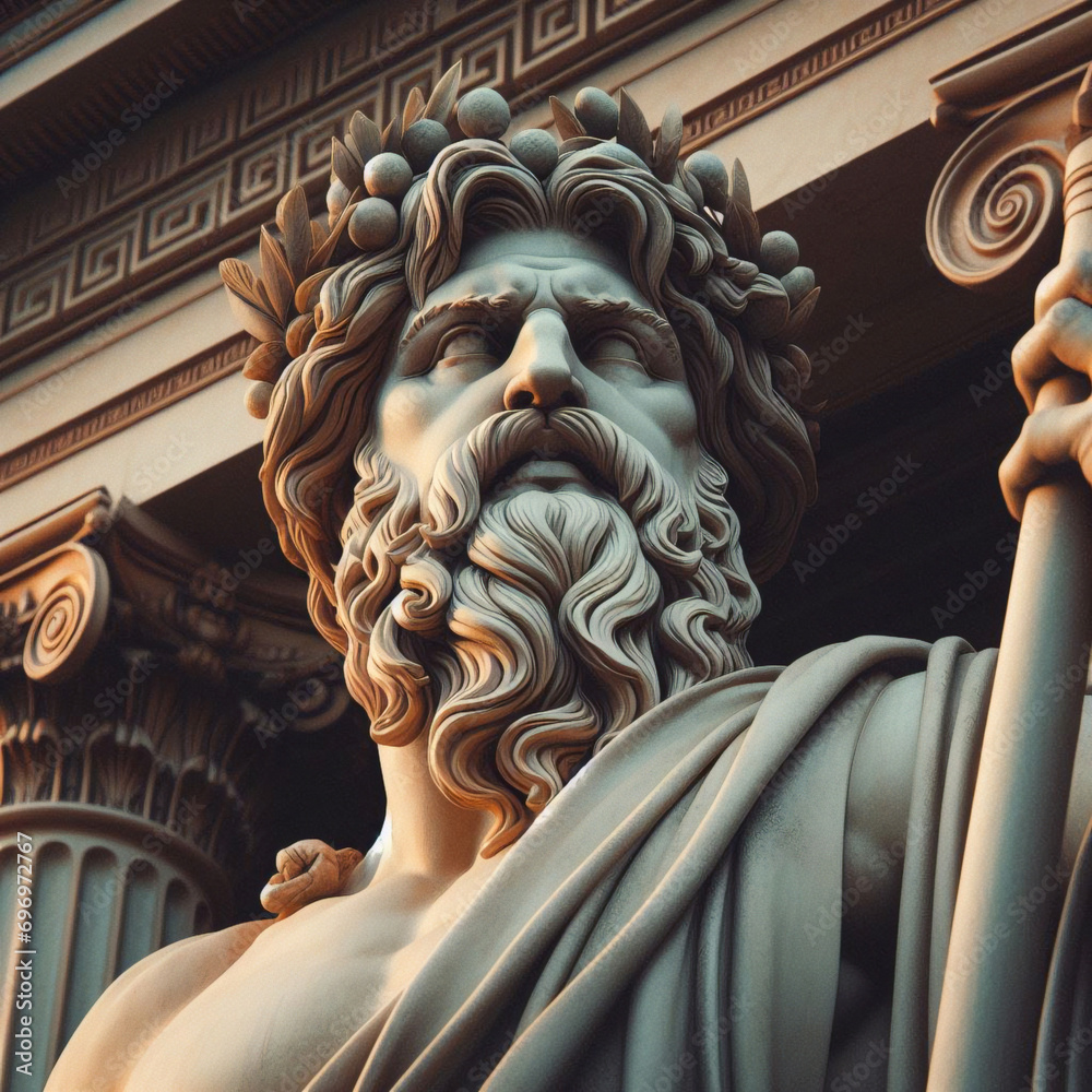 Handsome marble statue of powerful greek god Zeus over dark background ...