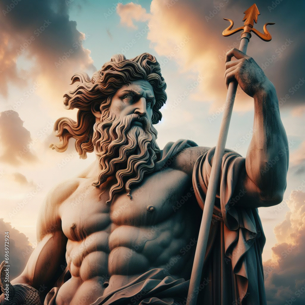 Handsome marble statue of powerful greek god Zeus over dark background ...