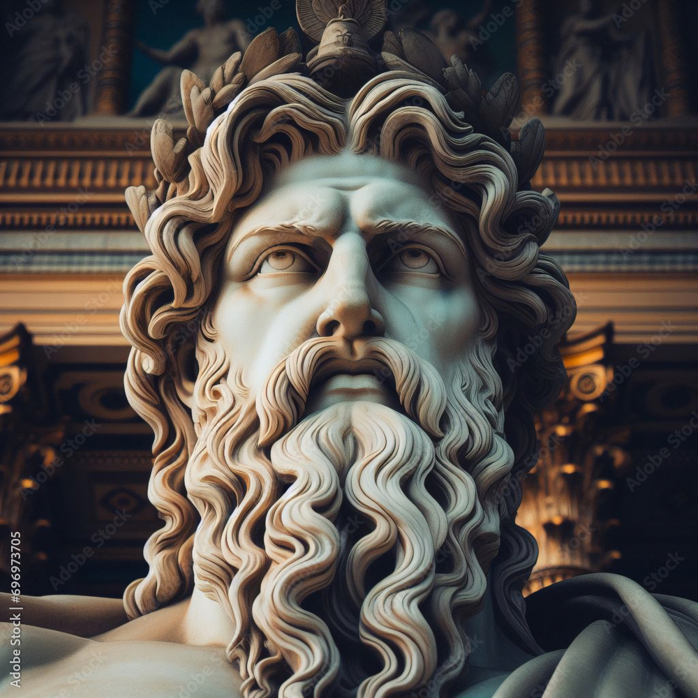 Handsome marble statue of powerful greek god Zeus over dark background ...