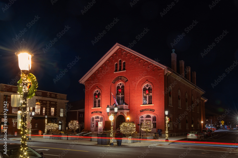 Andover, MA, USA-December 21, 2023. Night scene of Andover's historic ...