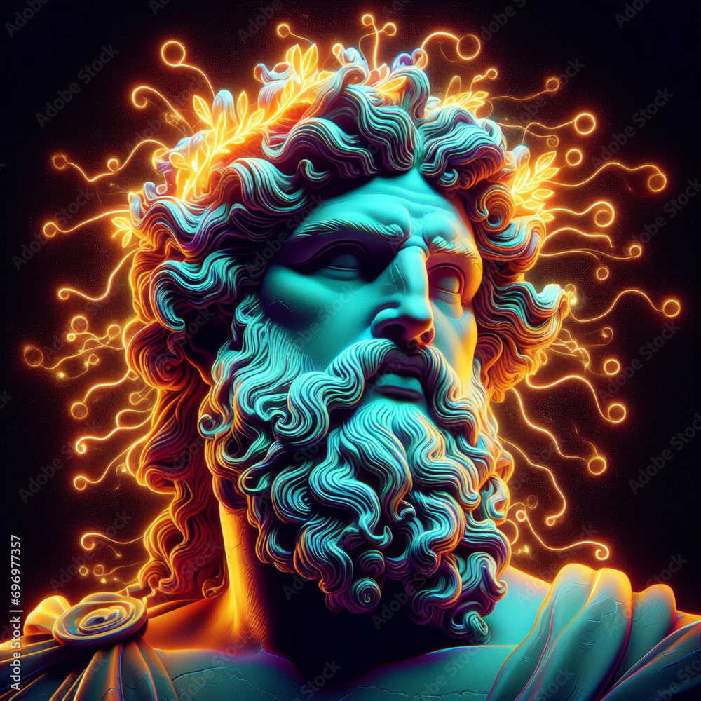 Ancient statue of greek god head. Creative concept colorful neon image ...