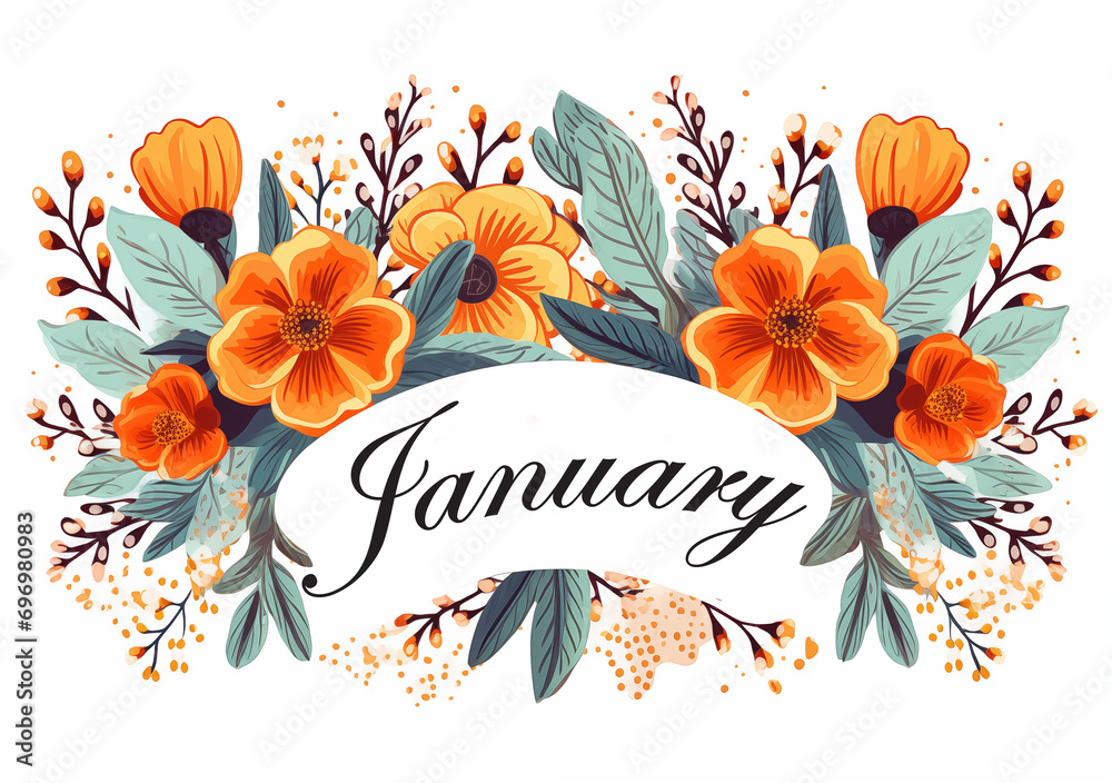 Hello january clipart, lettering and flowers for january Stock Photo ...