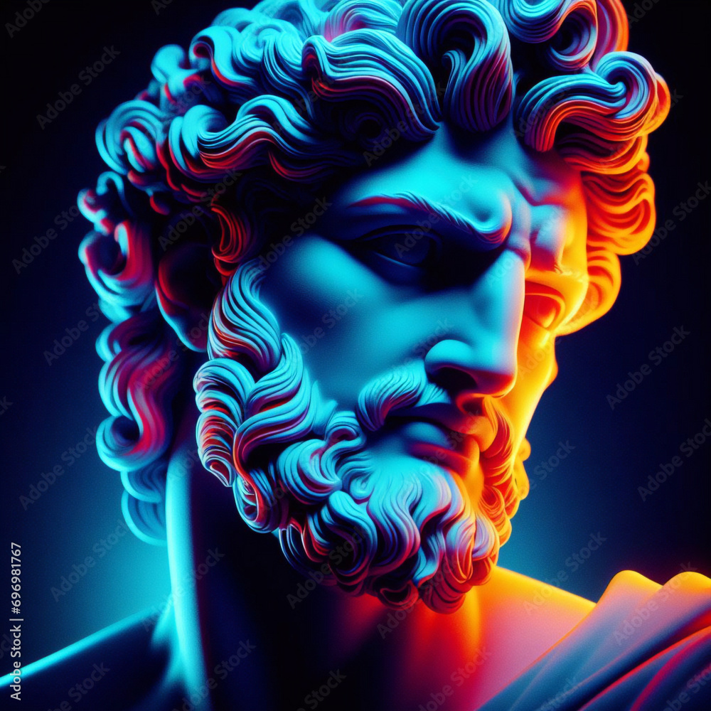 Ancient statue of greek god head. Creative concept colorful neon image ...