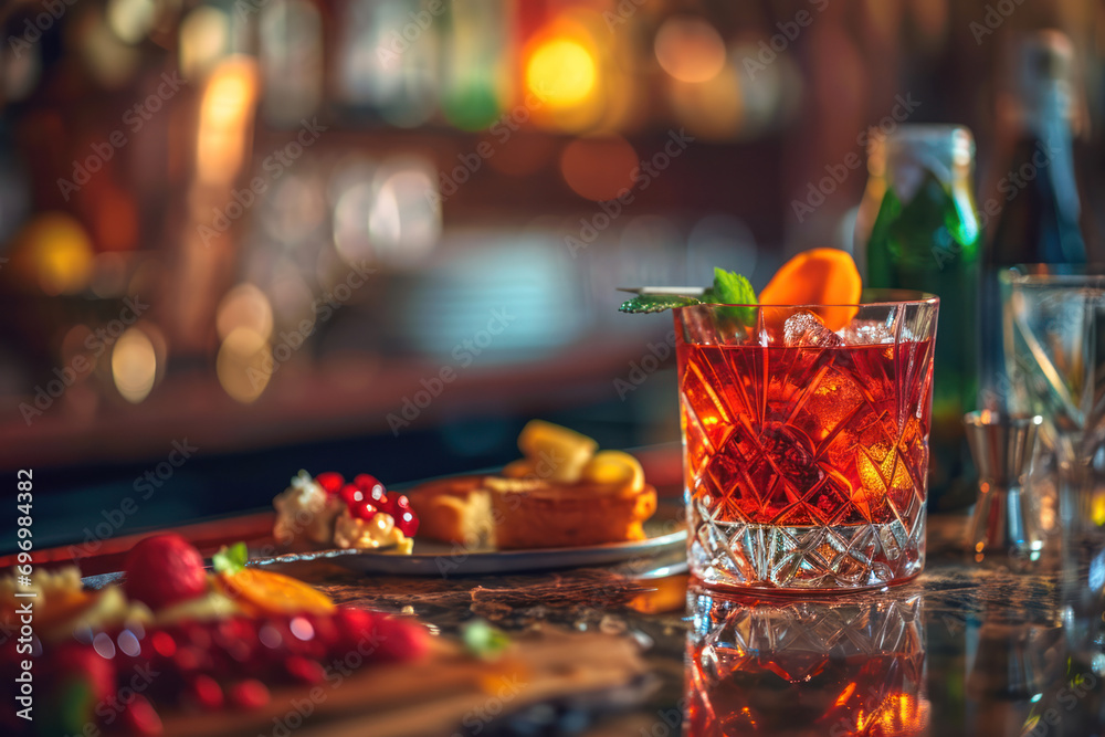 Negroni aperitivo, a stylish scene of a Negroni glass on a bar counter ...